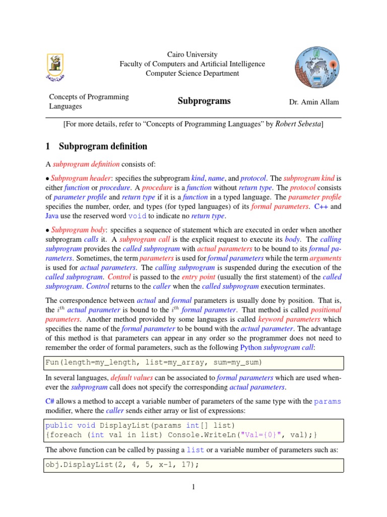 An In Depth Examination Of Subprogram Definitions Declarations Parameter Passing Modes And