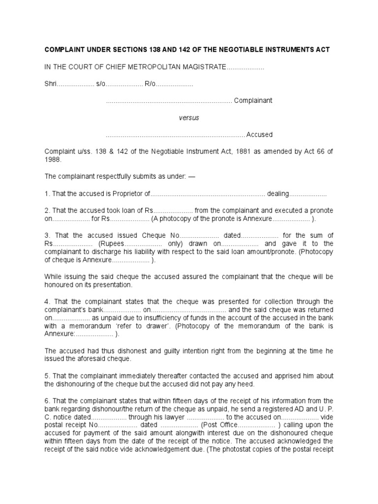 Complaint Under Sections 138 and 142 of The Negotiable Instruments Act | PDF | Cheque ...