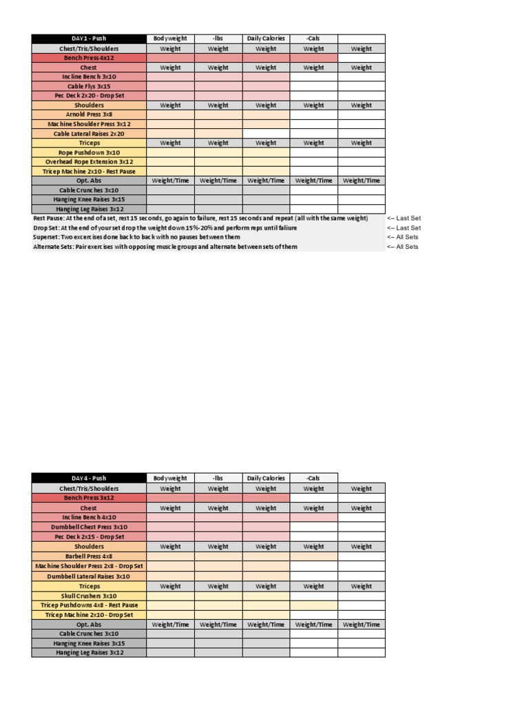Bench Press 4x12 Chest: DAY 1 - Push | PDF | Weight | Individual Sports