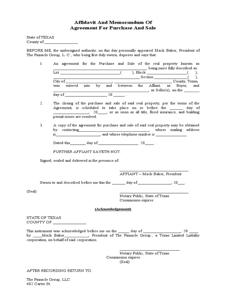 Affidavit of Memorandum For Purchase and Sale | PDF | Affidavit ...