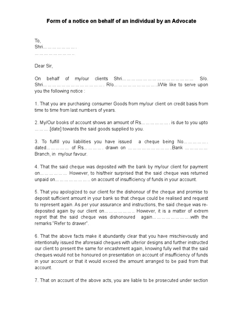 Form of A Notice On Behalf of An Individual by An Advocate | Download ...
