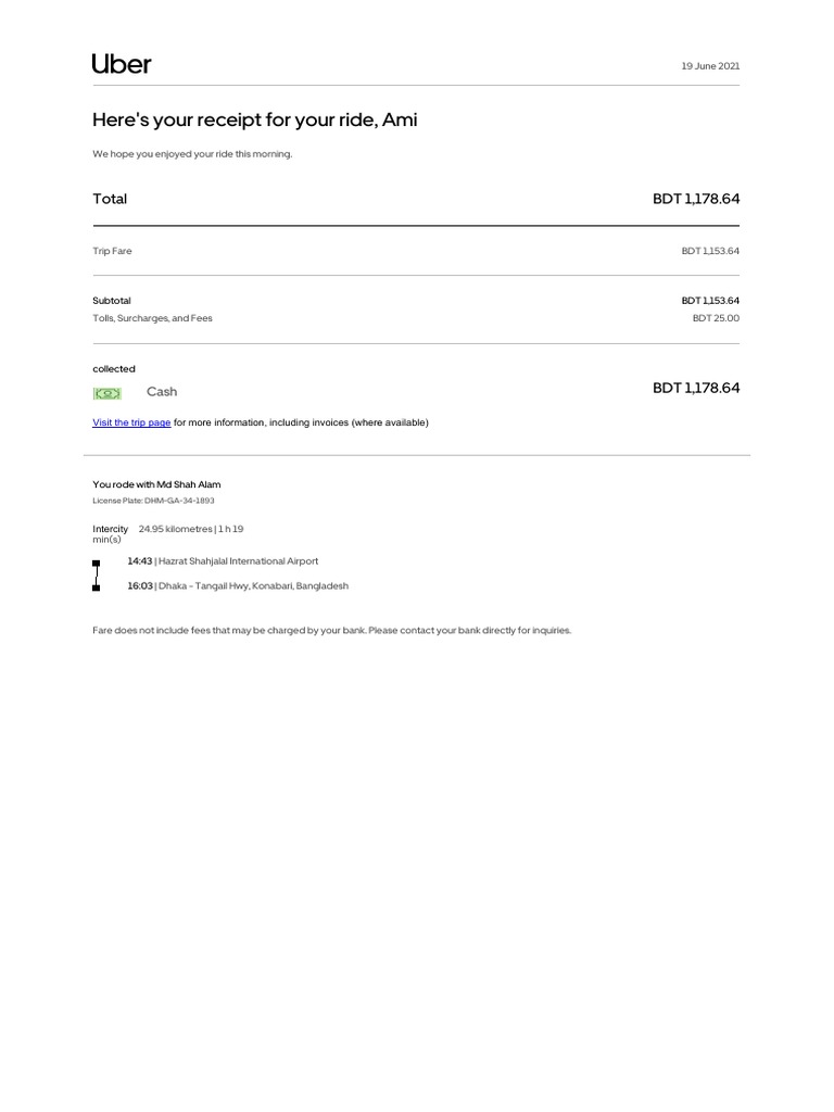 Here's Your Receipt For Your Ride, Ami: Total BDT 1,178.64 | PDF ...