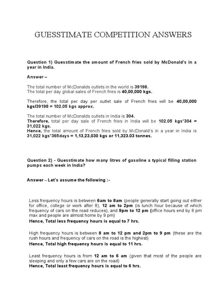 Guesstimate Competition Answers | PDF