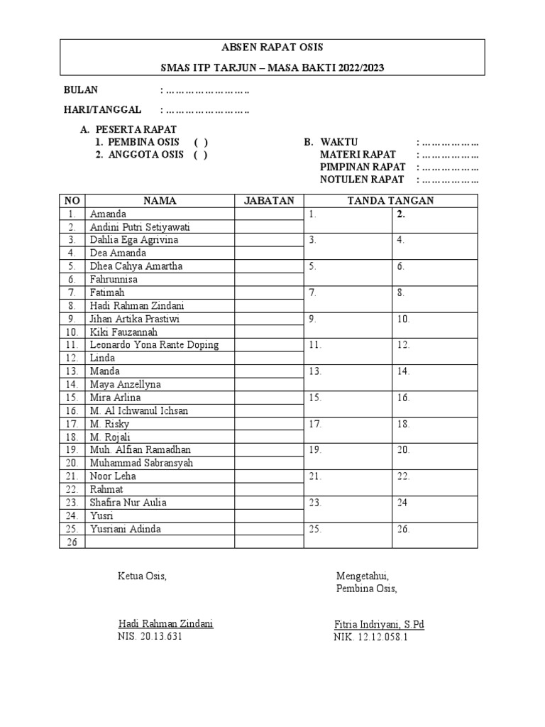 Contoh Format Absen Rapat Osis | PDF