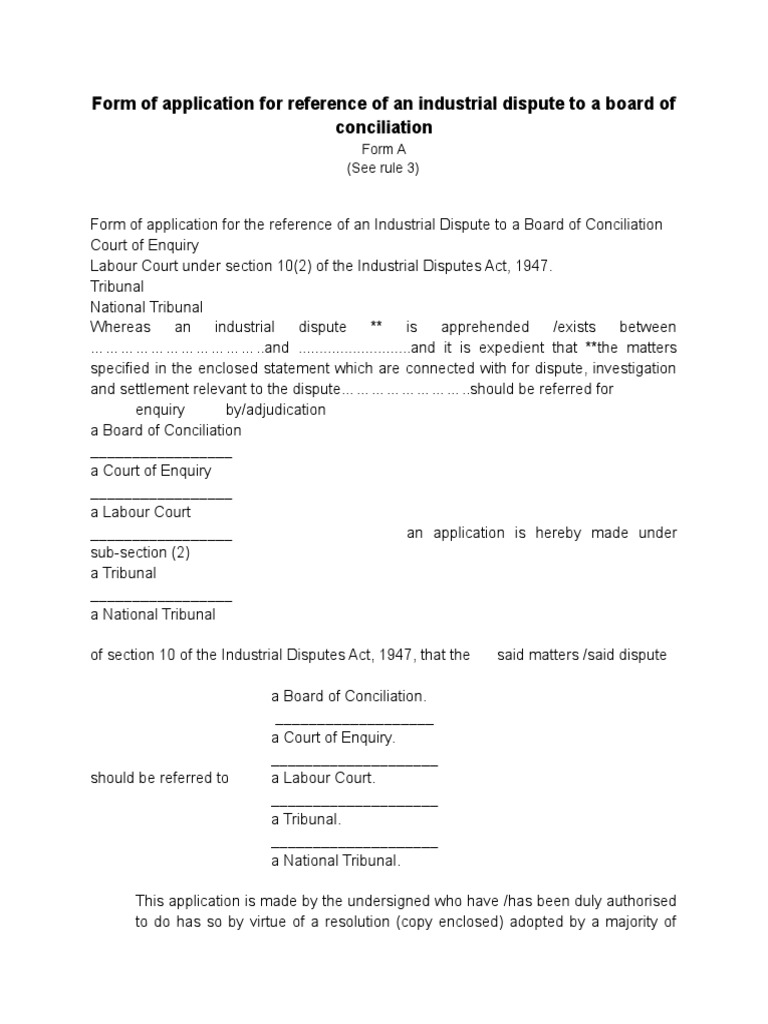 Form of Application For Reference of An Industrial Dispute To A Board ...