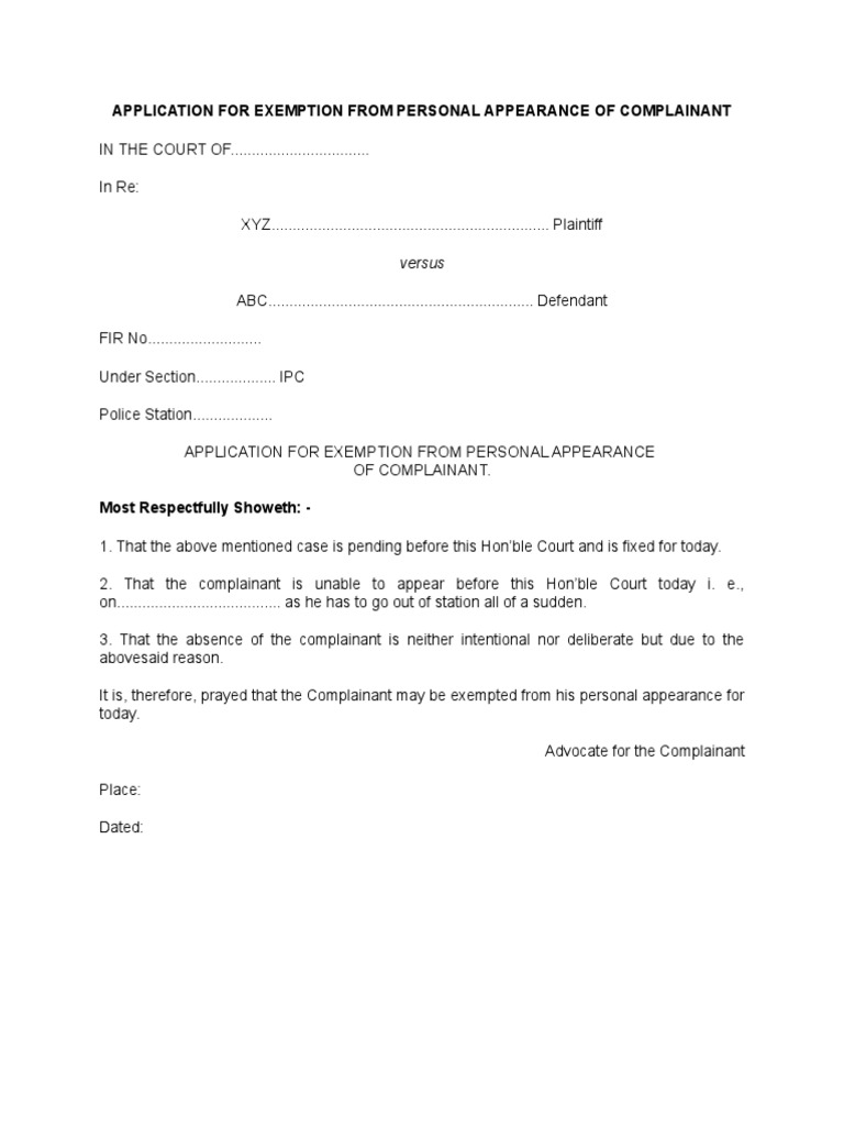 Application For Exemption From Personal Appearance of Complainant | PDF