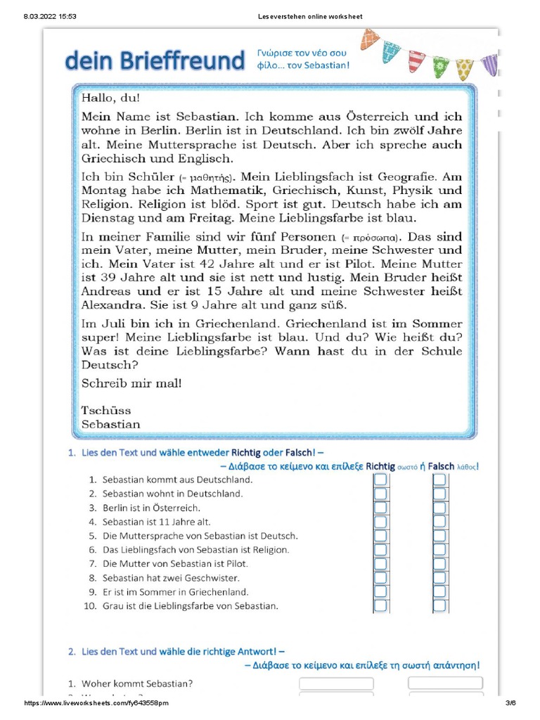 Leseverstehen Arbeitsblatt A1 | PDF
