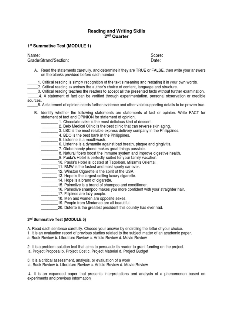 Reading and Writing Skills 2 Quarter: 1 Summative Test (MODULE 1) | PDF ...