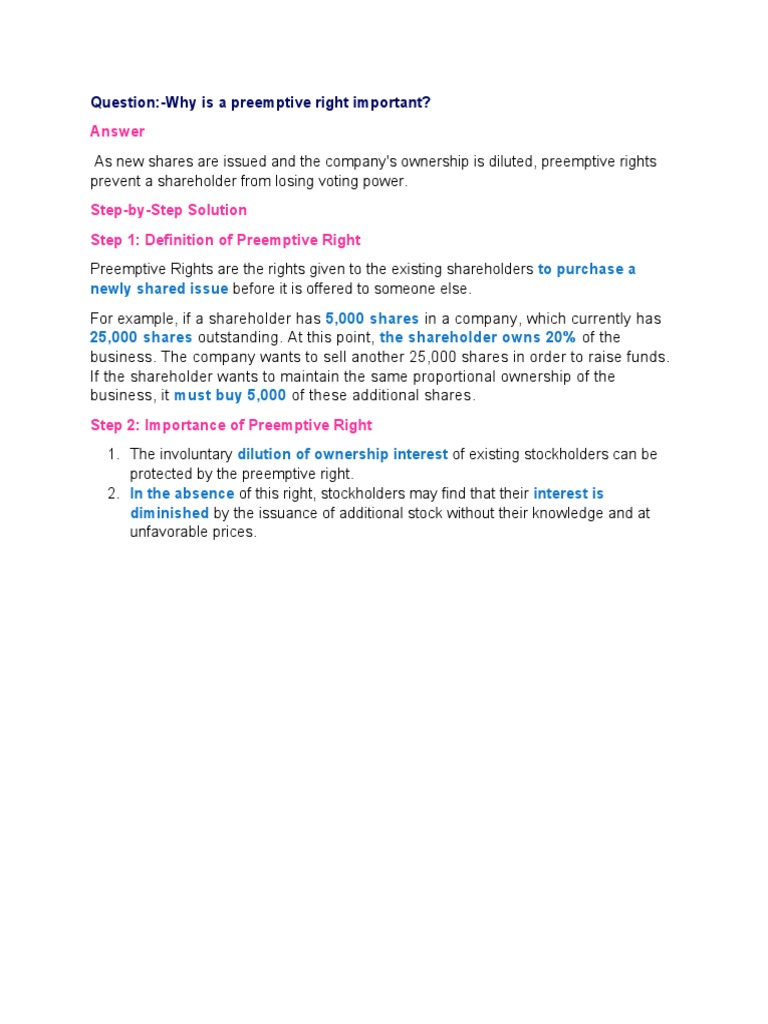 Answer: Question:-Why Is A Preemptive Right Important? | PDF | Law