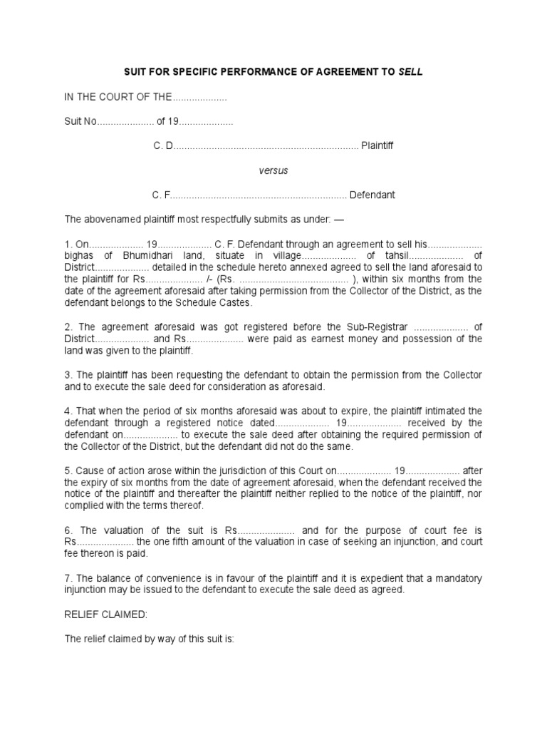 Specific Performance Suit for Land Sale | PDF | Lawsuit | Injunction