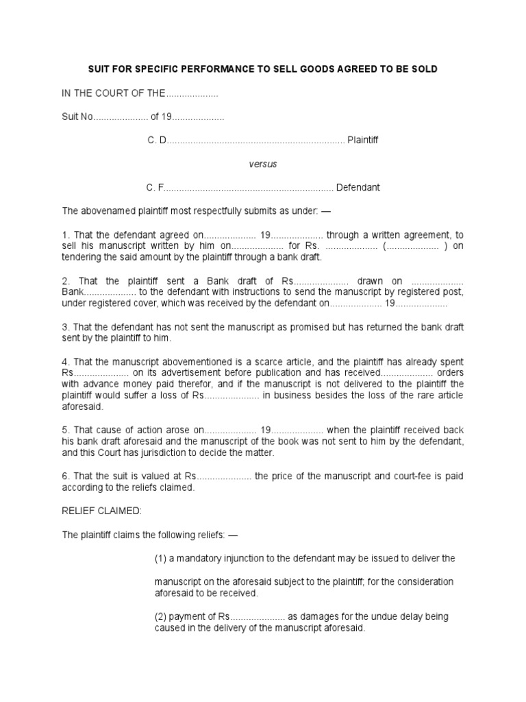 Specific Performance Suit for Manuscript Sale | PDF | Lawsuit | Judiciaries