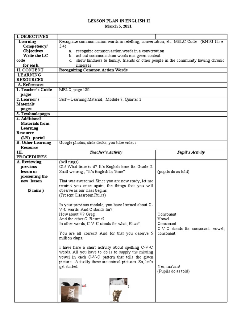 Lesson Plan in English 2 (Recognizing Common Action Words) | PDF ...