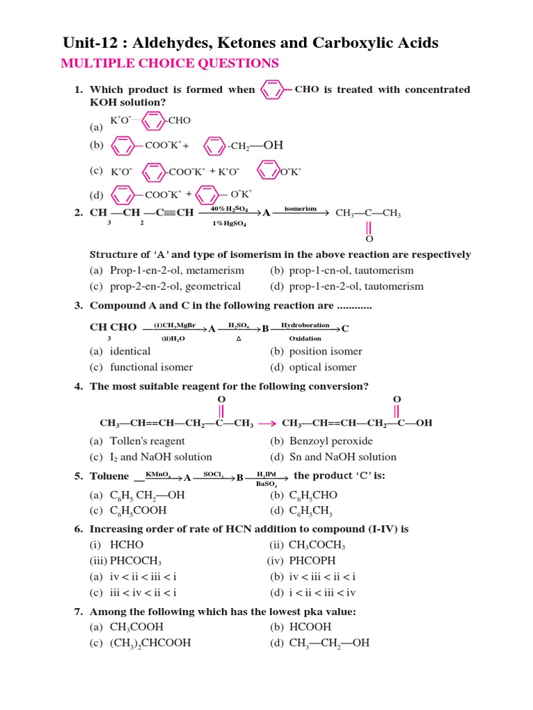 Unit-12-Aldehydes, Ketones-MCQ | PDF | Aldehyde | Isomer