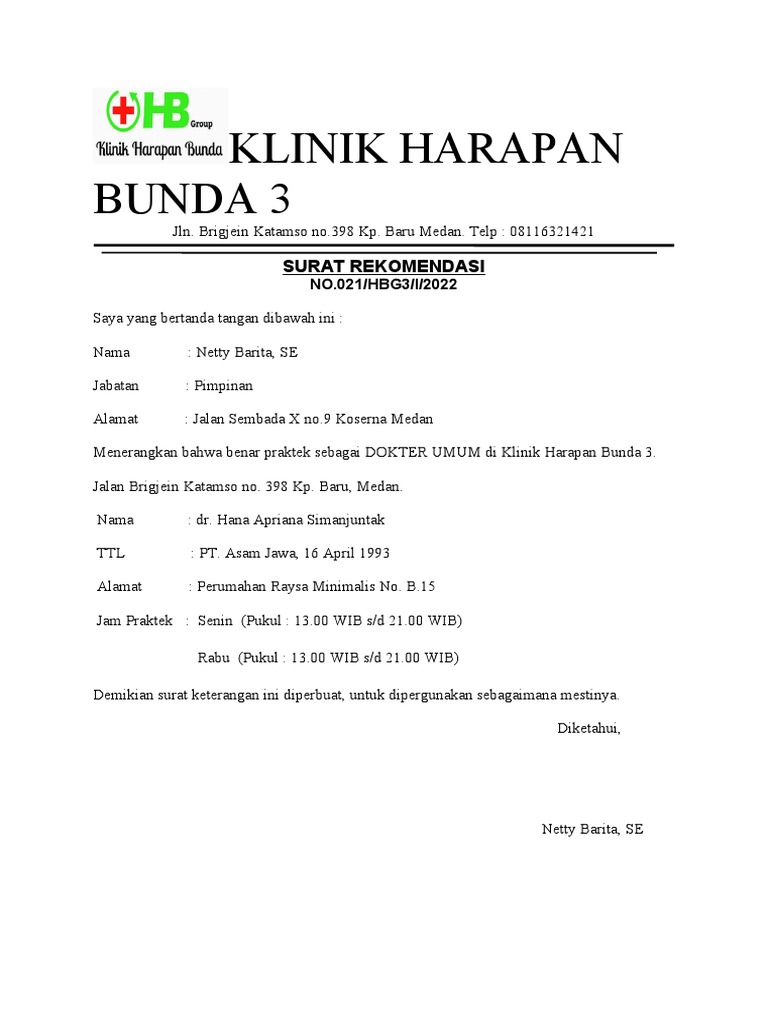 Klinik Harapan Bunda 3: Surat Rekomendasi | PDF
