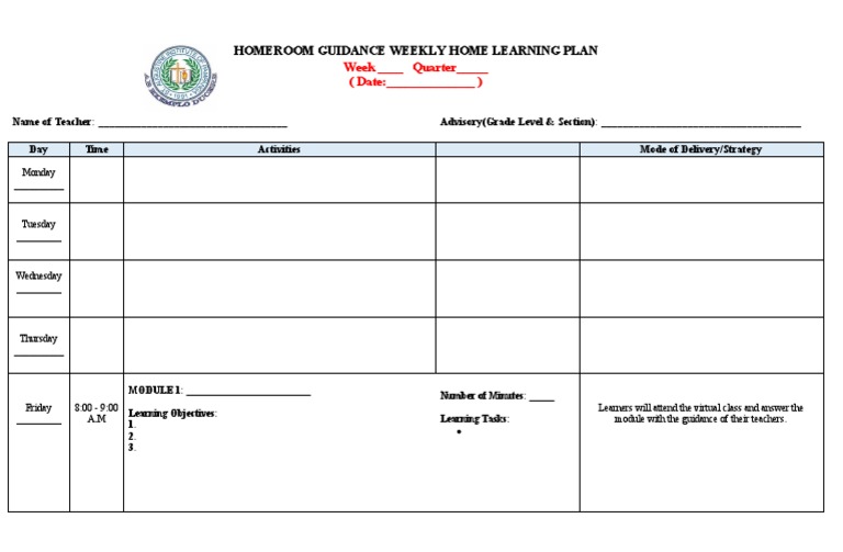 Homeroom Guidance Weekly Home Learning Plan: Week - Quarter - (Date ...