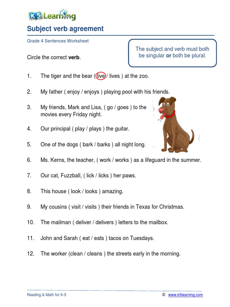 Subject Verb Agreement: Grade 4 Sentences Worksheet | PDF | Language ...