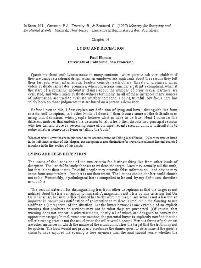 Ekman Paul Lying And Deception 1997 Pdf Lie Deception