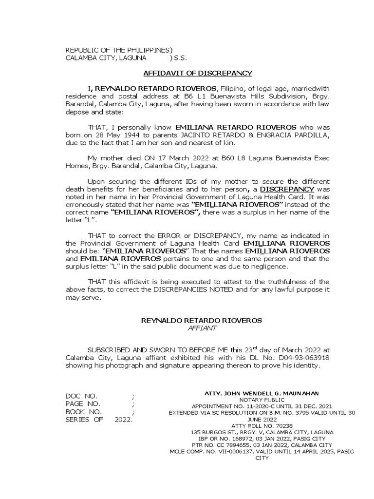 Affidavit of Discrepancy - Roberto Cacalda Maraña | PDF | Affidavit ...