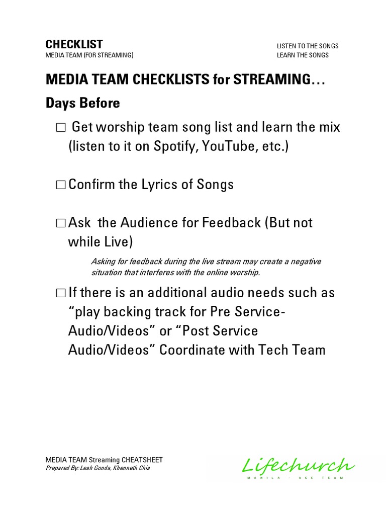 Media Team Checklists For Streaming Days Before: Checklist | PDF ...