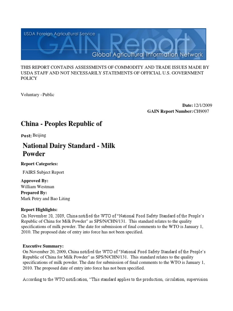 GB 5410 Milk Powder - Beijing - China - Peoples Republic of - 12-1-2009 ...