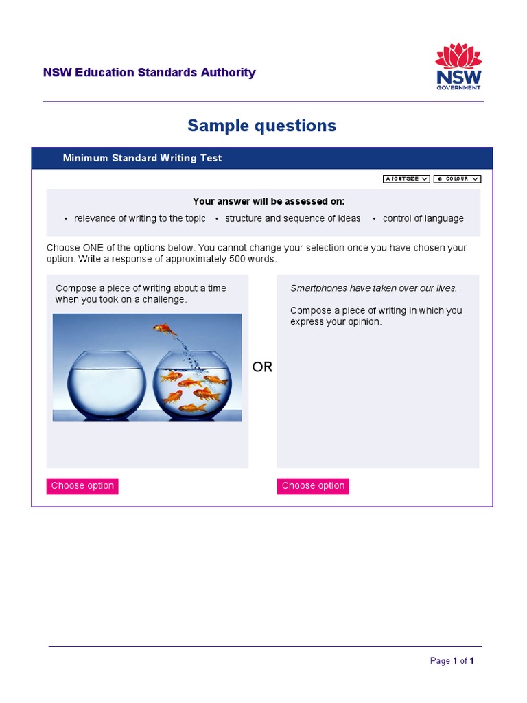 Minimum Standard Writing Test Sample Questions | PDF