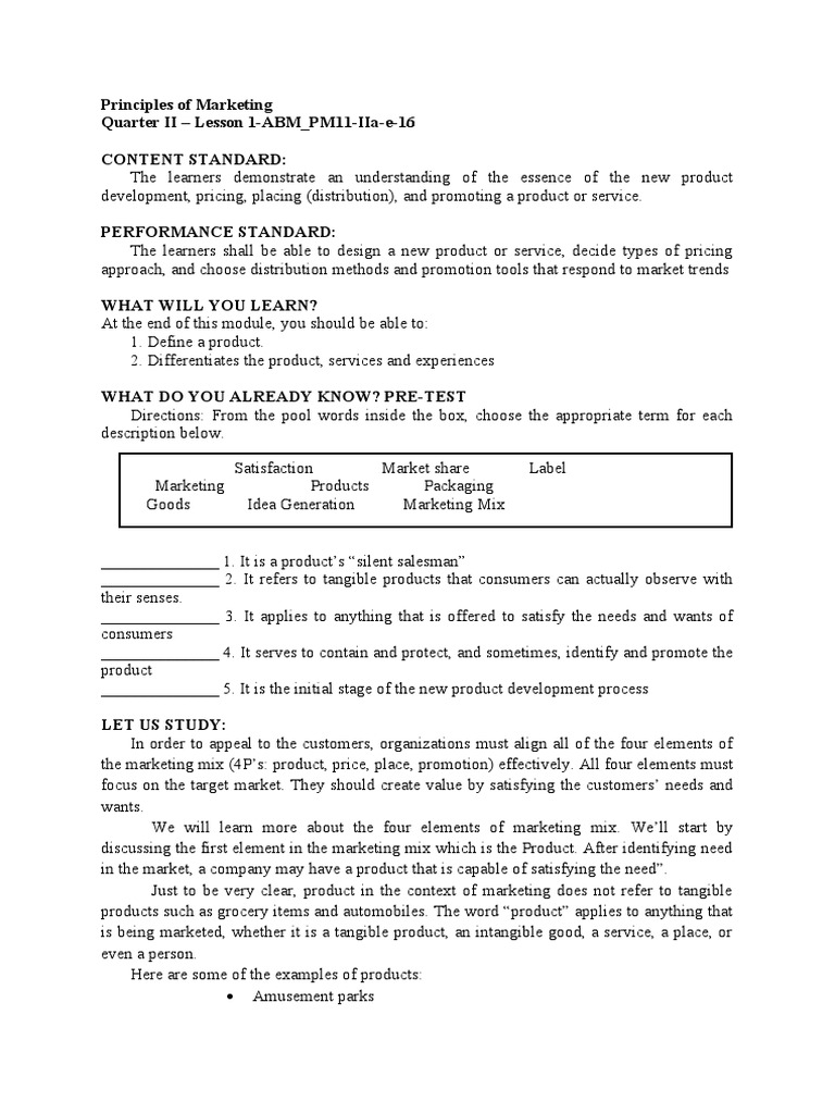 Principles of Marketing Quarter Ii - Lesson 1-Abm - Pm11-Iia-E-16 ...