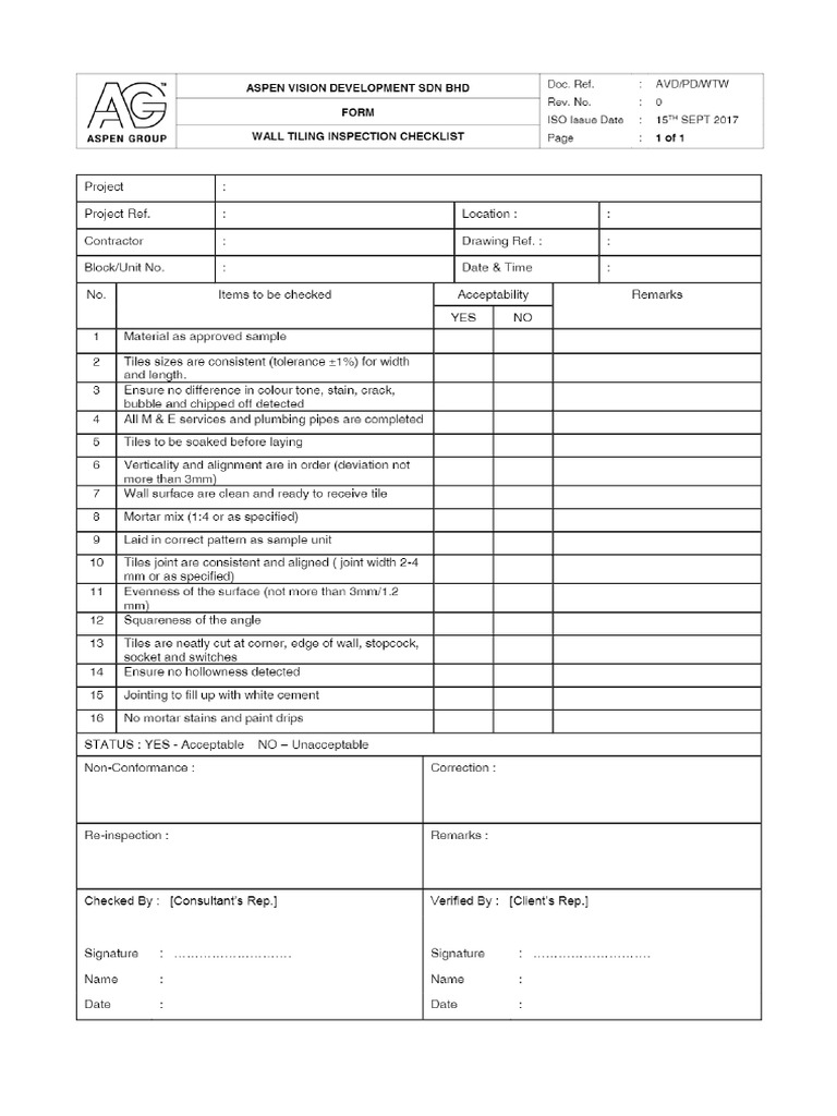 Wall Tiling Inspection Checklist | PDF