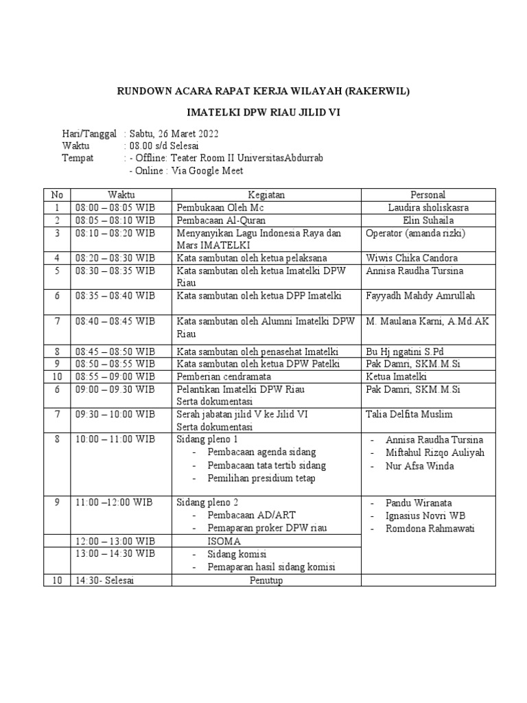 Rundown Acara Rakerwil Jilid 6 | PDF