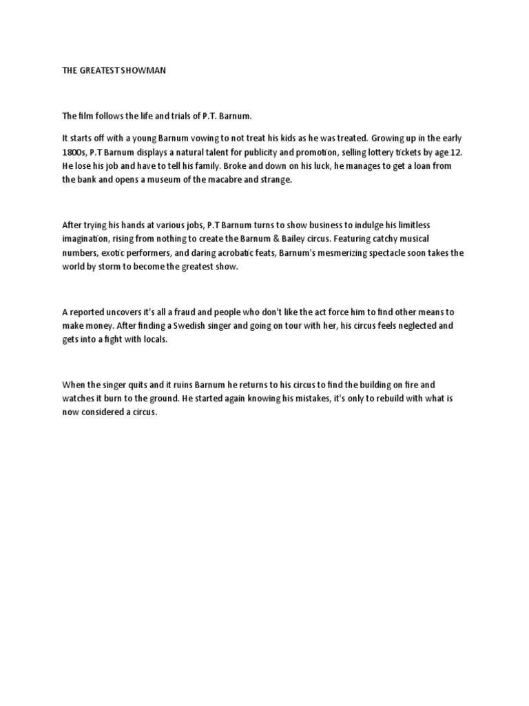 The Greatest Showman Plot Summary | PDF | Art | Mystery, Thriller ...
