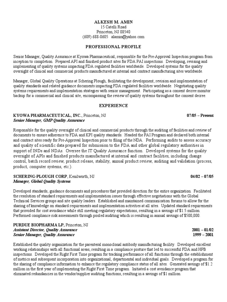 Alkesh Amin Resume | PDF | Food And Drug Administration | Audit