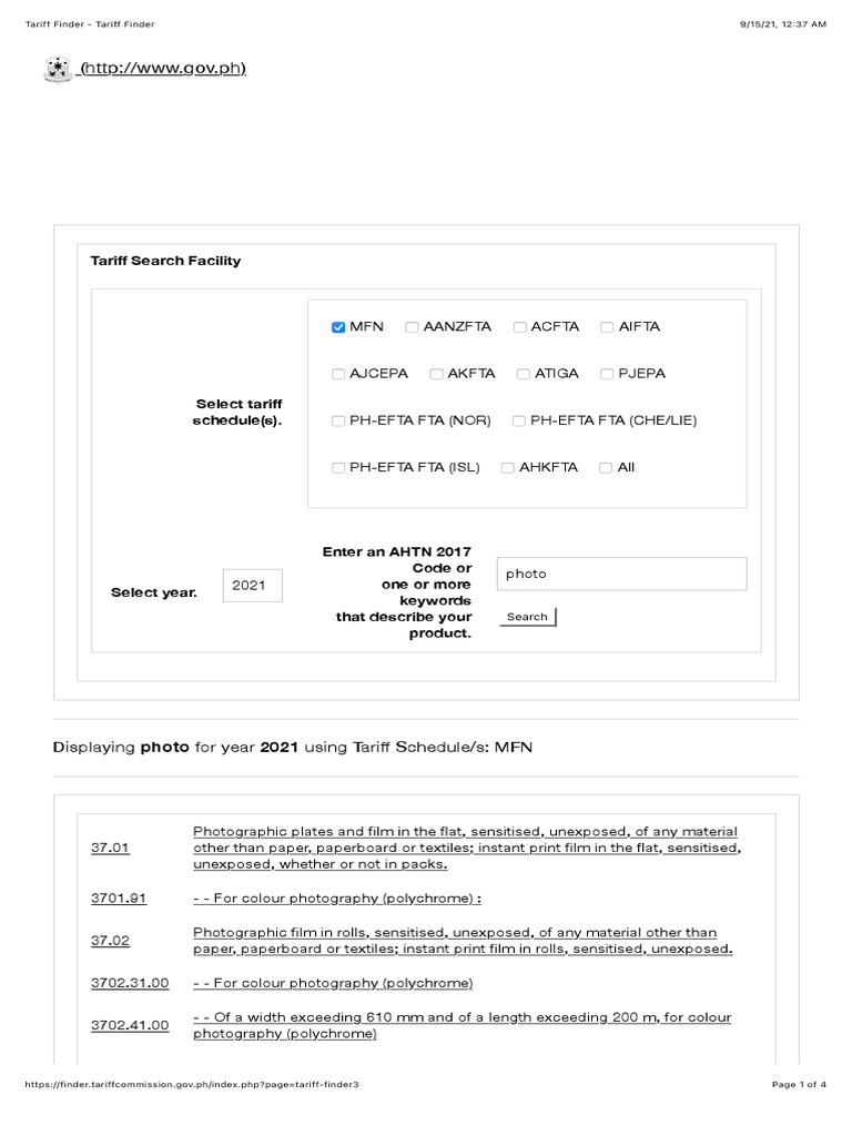Tariff Finder - Sample | PDF