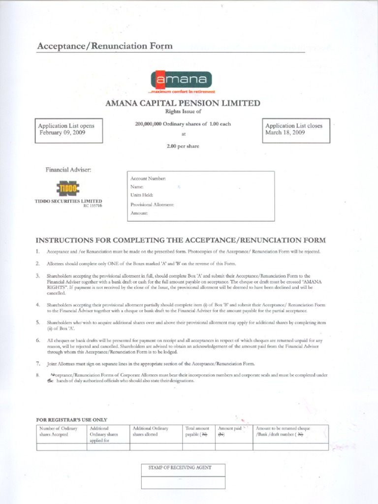 Amana Capital Rights Issue Form | PDF | Cheque | Cashier's Check