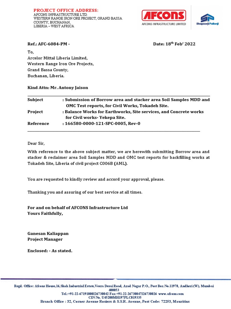 Letter For Submission of Borrow Area Soil and Batching Plants Borewell ...