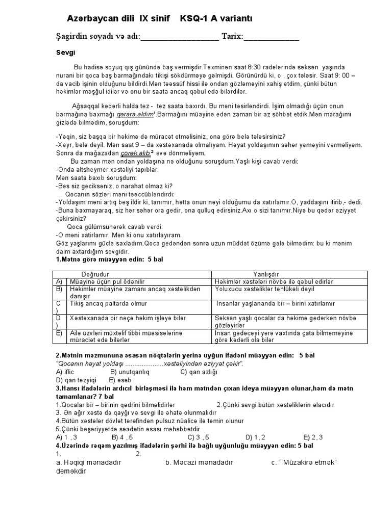 Azərbaycan Dili IX Sinif KSQ A | PDF