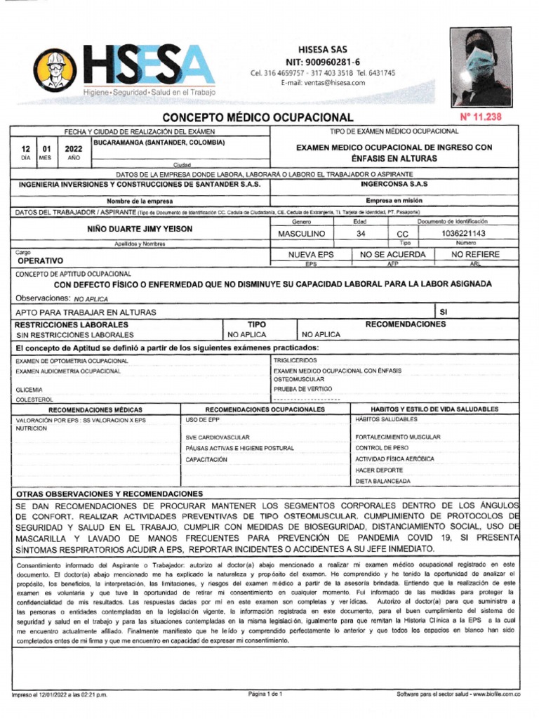 Examen Médico Ocupacional Con Énfasis en Alturas | PDF | Enfermedades y ...