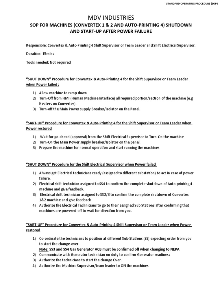 MDV Industries SOP for Orderly Shutdown and Restart of Convertex and ...