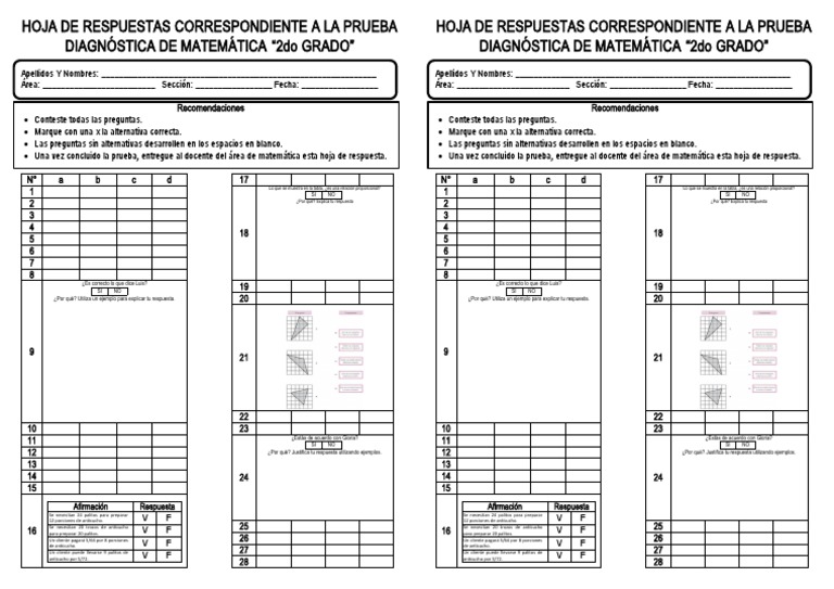 Hoja de Respuestas Prueba Diagnóstica de Matemática 2° | PDF