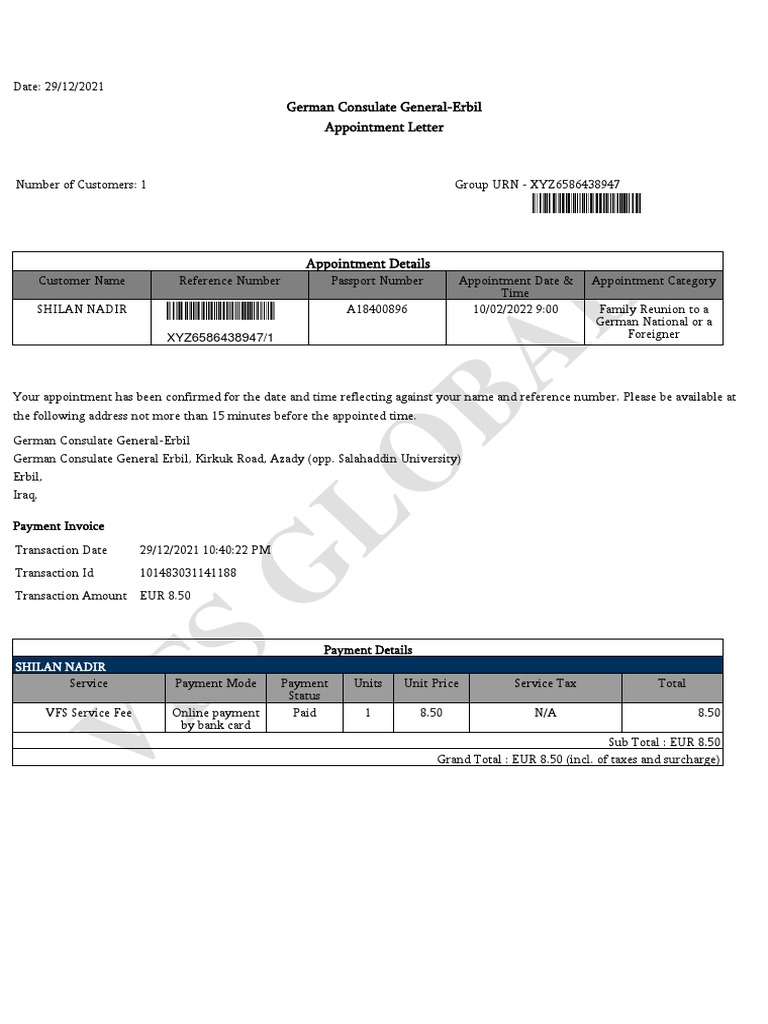 Vfs Global: German Consulate General-Erbil Appointment Letter | PDF ...
