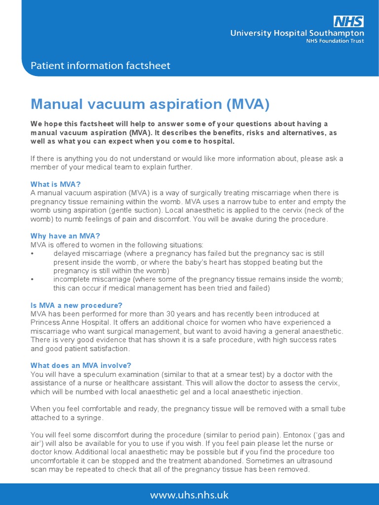 Manual Vacuum Aspiration (MVA) : Patient Information Factsheet | PDF ...