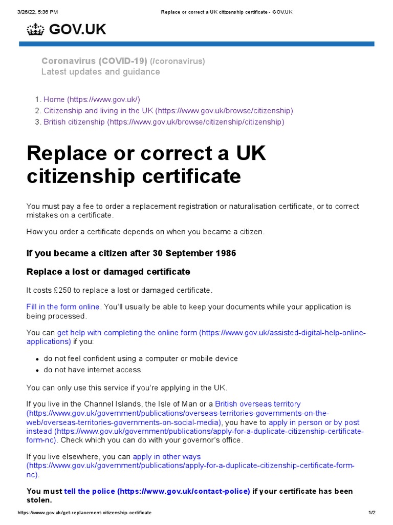 Replace or Correct A UK Citizenship Certificate - GOV - UK | PDF ...