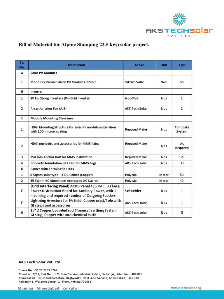 AKS Tech Solar Solutions Letterhead BOM | PDF