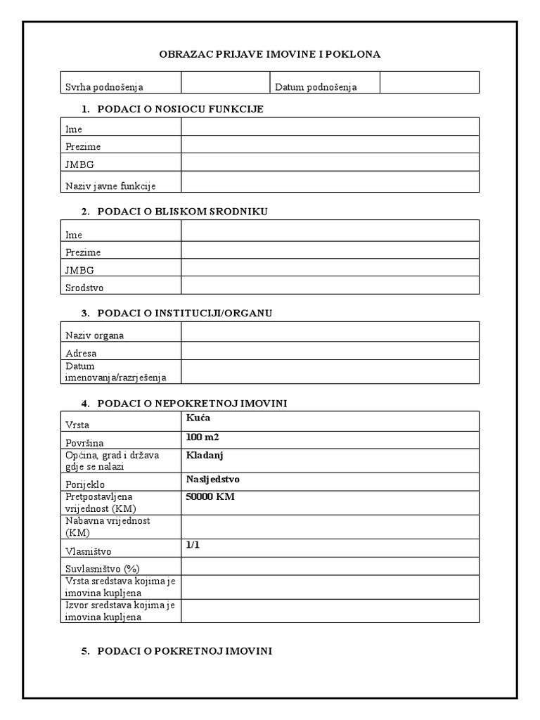 Obrazac Prijave Imovine I Poklona | PDF