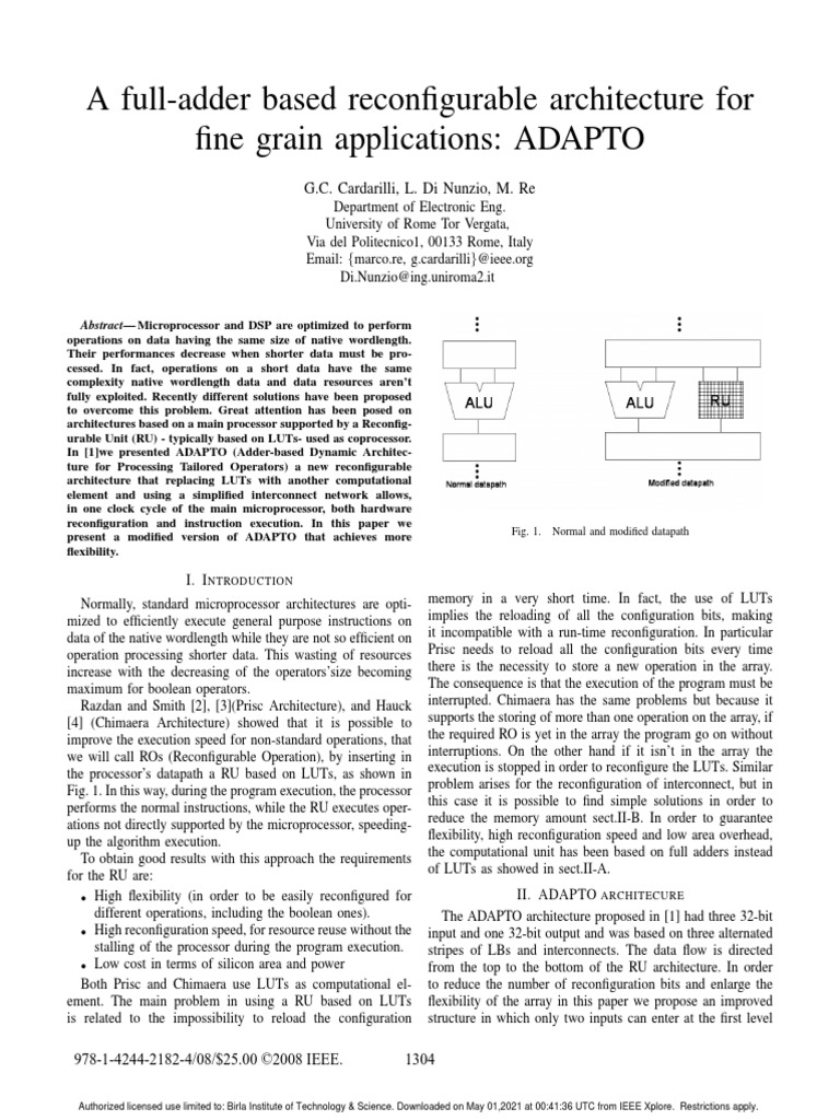 A Full-Adder Based Reconfigurable Architecture For Fine Grain Applications: ADAPTO | PDF ...