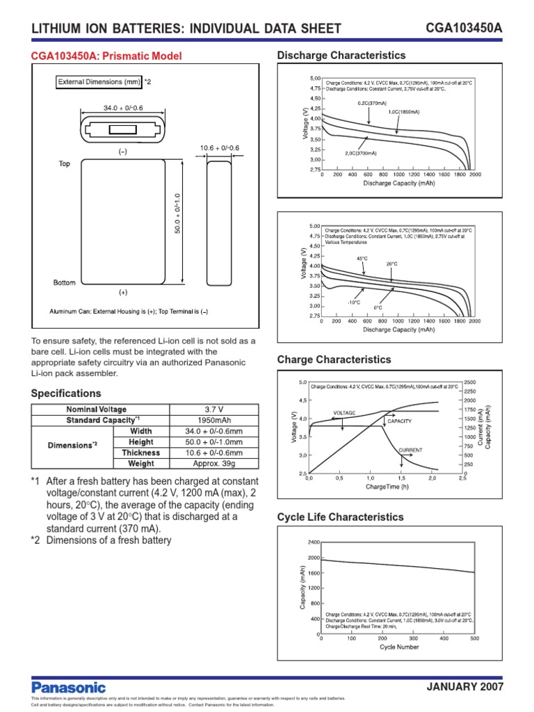Panasonic CGA103450A Battery Data Sheet | PDF | Technology & Engineering