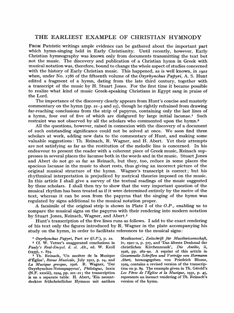 The Earliest Example of Christian Hymnody (Egon Joseph Wellesz) | PDF