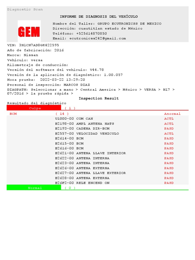 Nissan Versa Taller Paint DTC Solo Del BCM | PDF