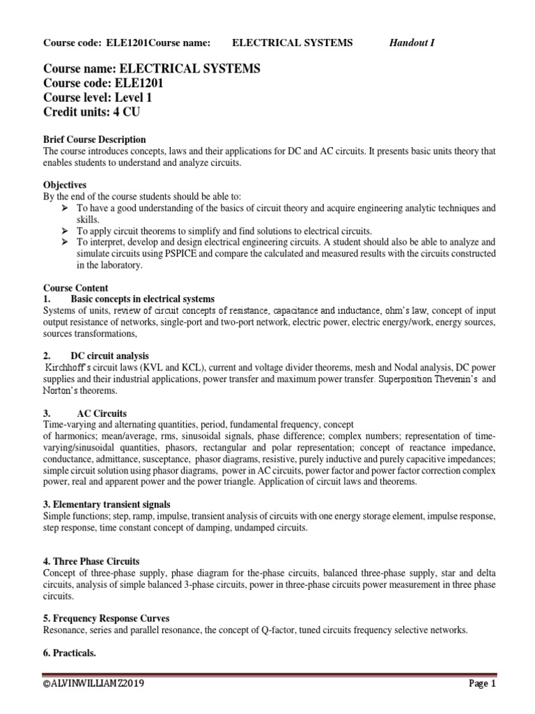 Electrical Systems Notes - Handout 1 - Introduction | PDF | Electrical ...