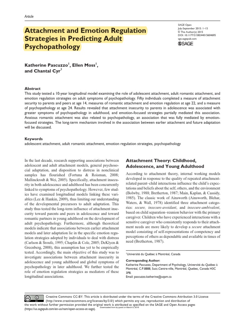 Attachment and Emotion Regulation Strategies in Predicting Adult ...
