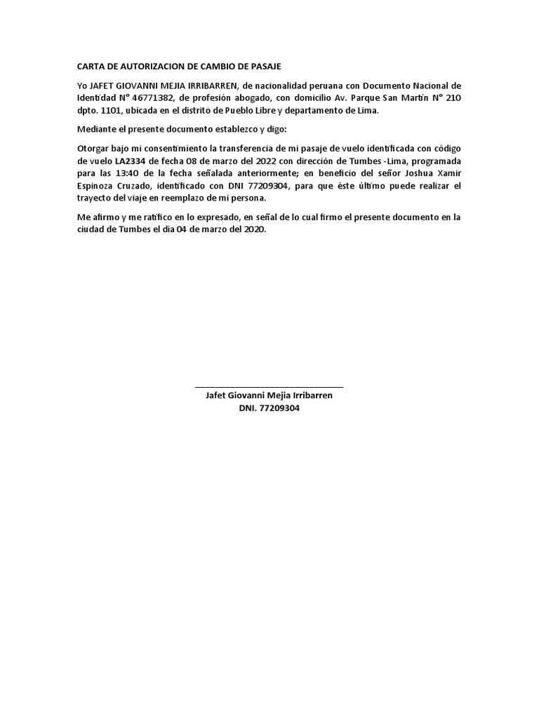 Carta de Autorizacion de Cambio de Pasaje | PDF