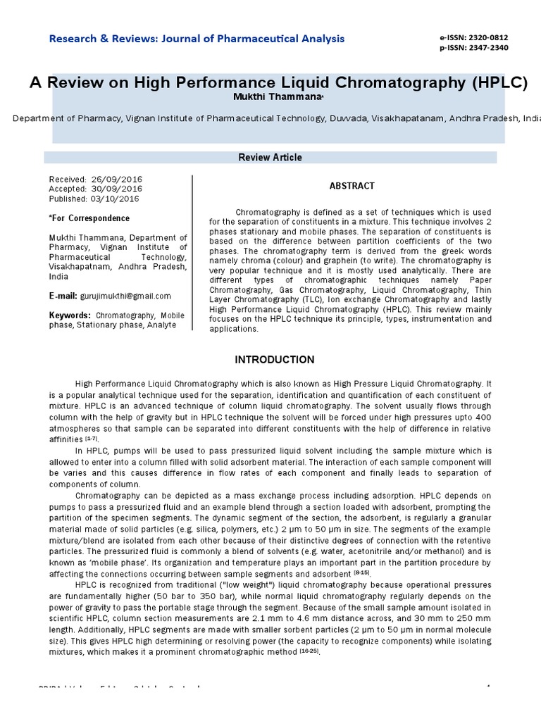 A Review On High Performance Liquid Chromatography HPLC | PDF | High ...